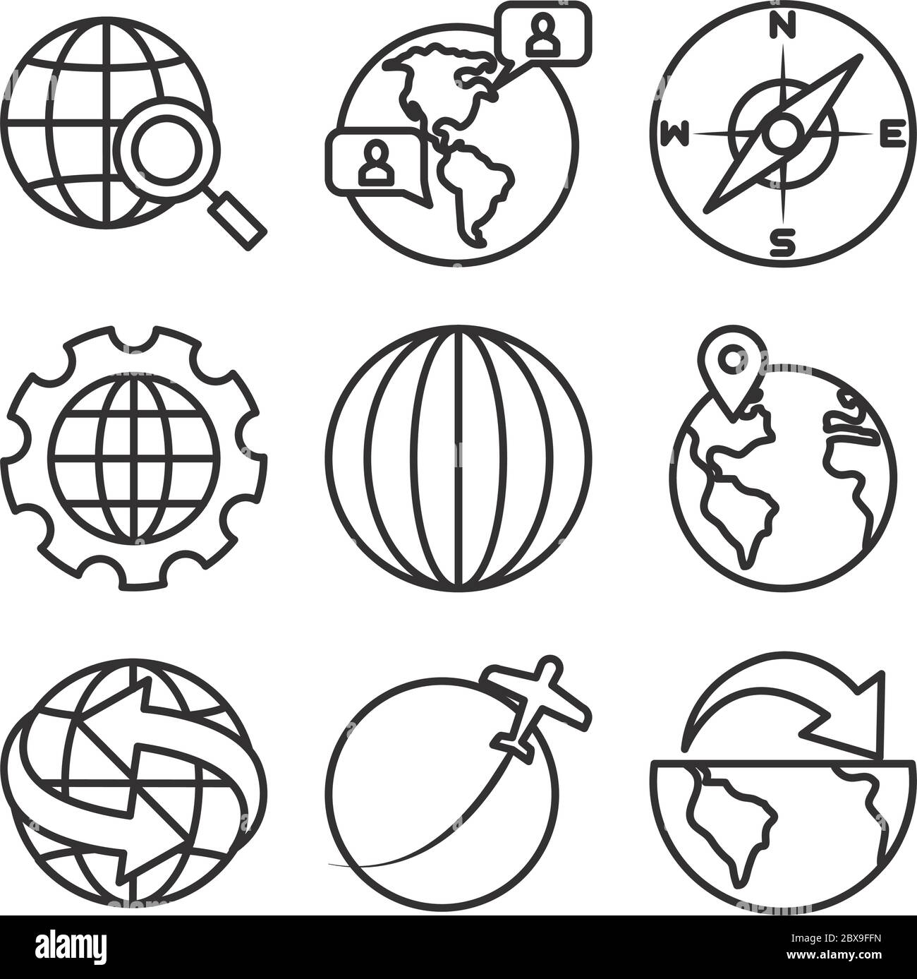 compass and global sphere icon set over white background, line style ...