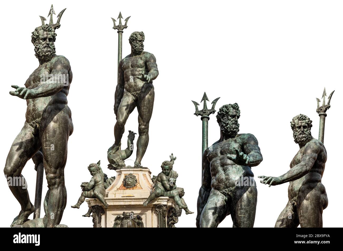 Collection of the bronze statue of Neptune isolated in white background ...
