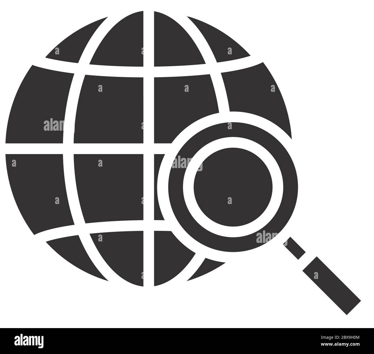 Global Connection Sphere With Magnifying Glass Over White Background Silhouette Style Vector
