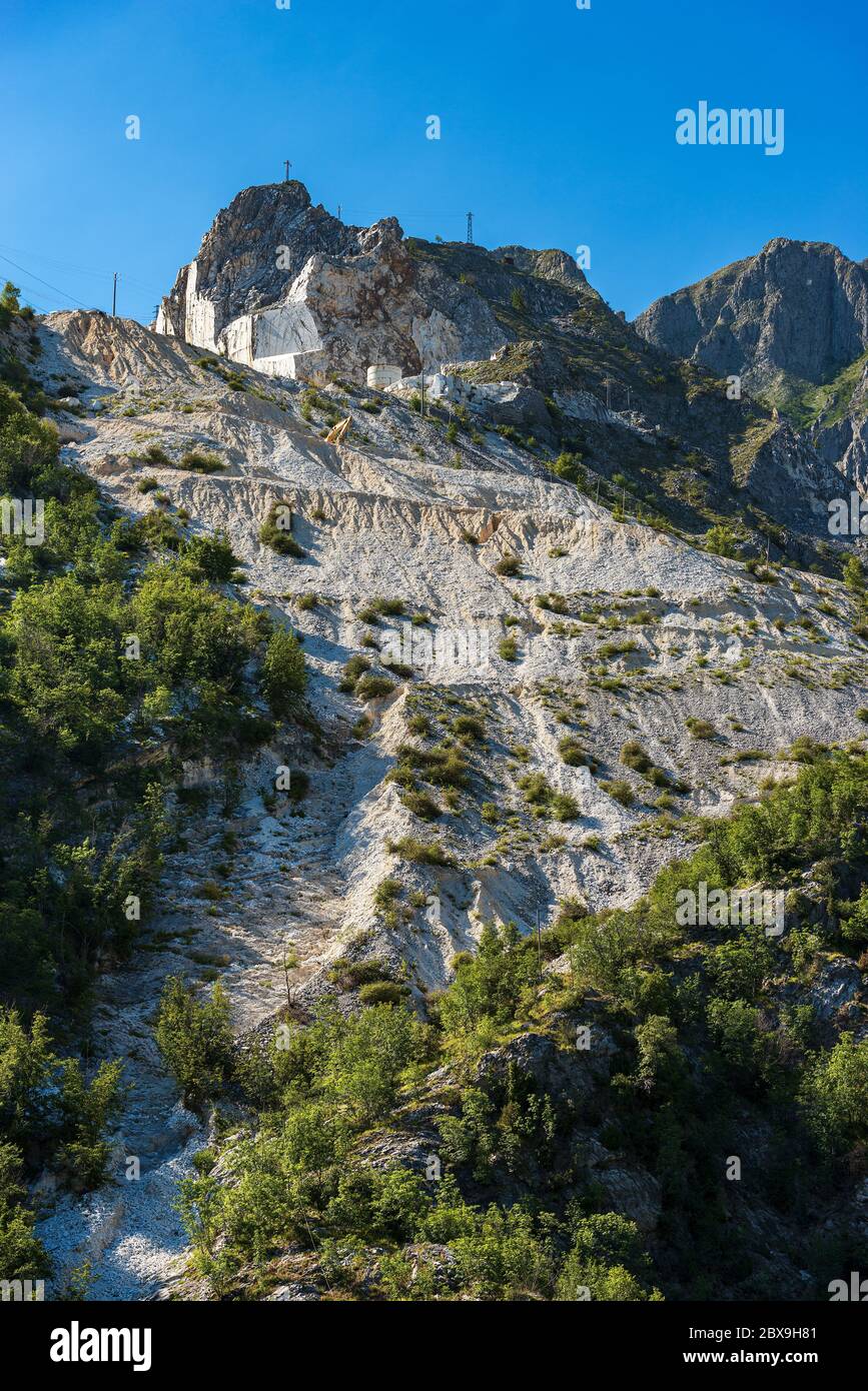 The famous quarries of white Carrara marble in the Apuan Alps, Tuscany ...
