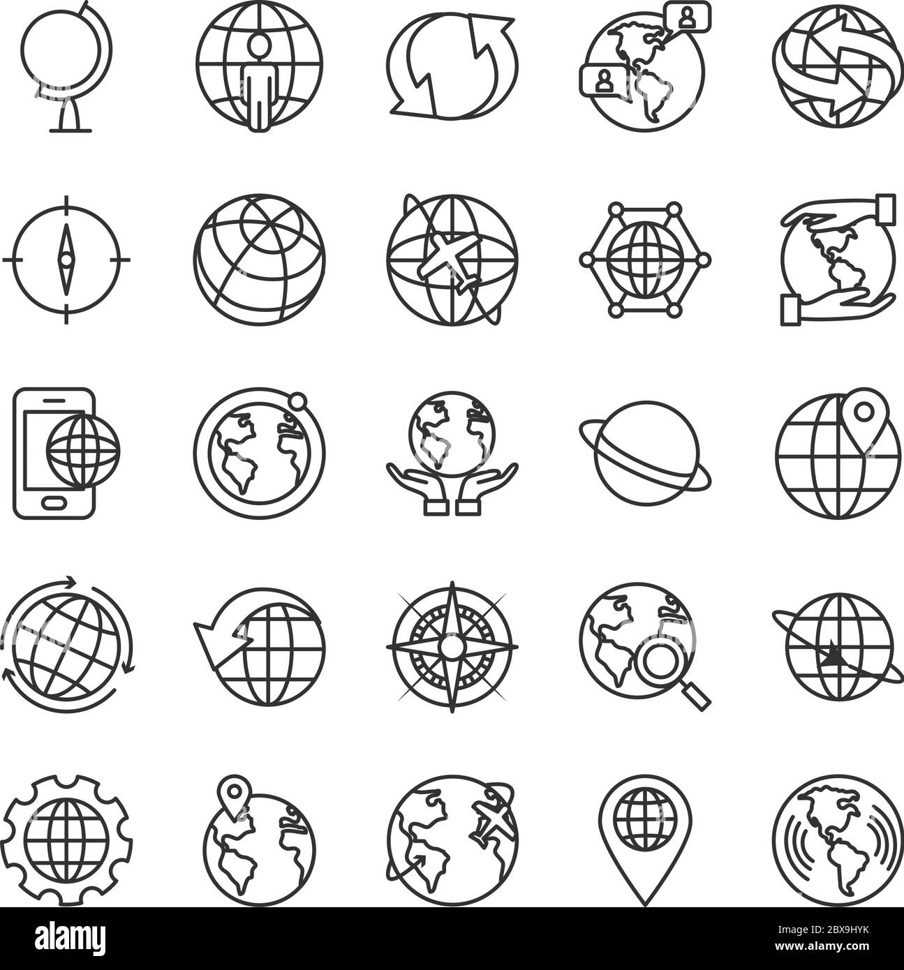 Arrows And Global Sphere Icon Set Over White Background Line Style Vector Illustration Stock