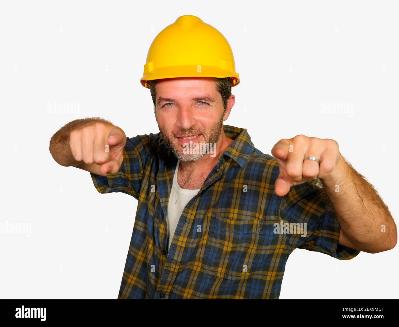 corporate portrait of construction worker. Attractive and happy builder ...