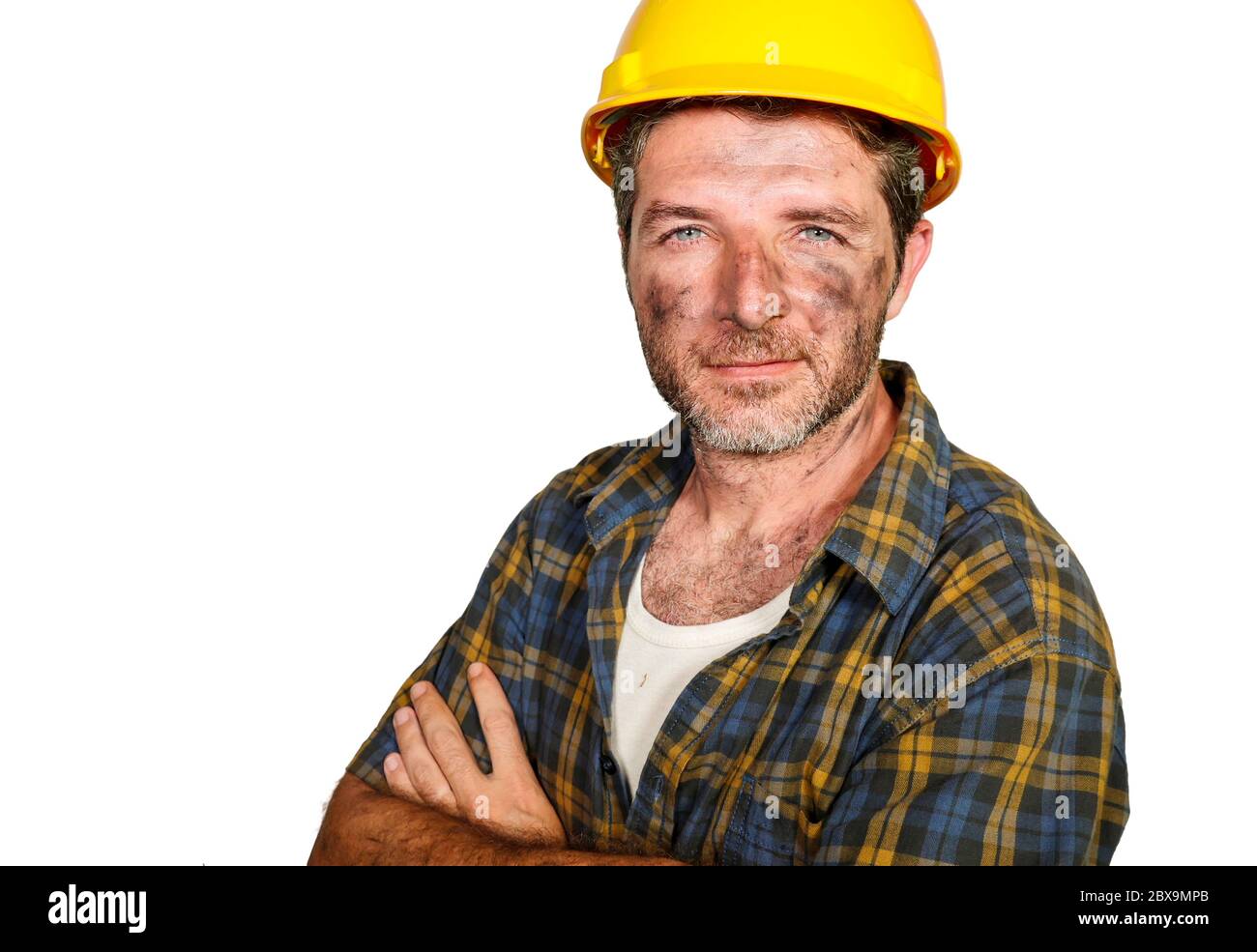 corporate portrait of construction worker. Attractive and happy builder ...