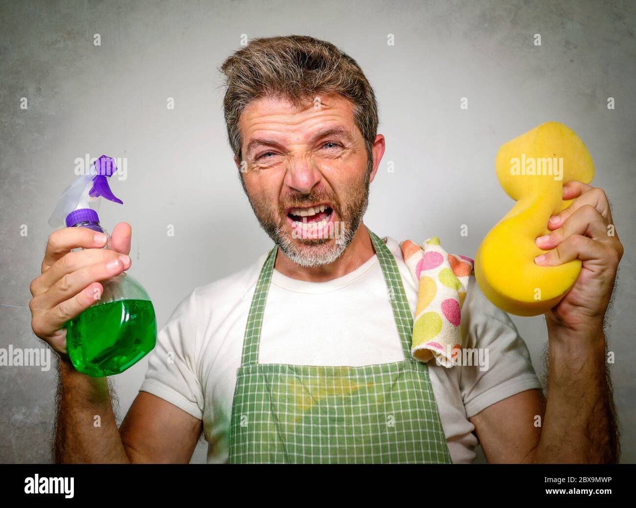 isolated portrait of 30s man in apron holding sponge and detergent ...