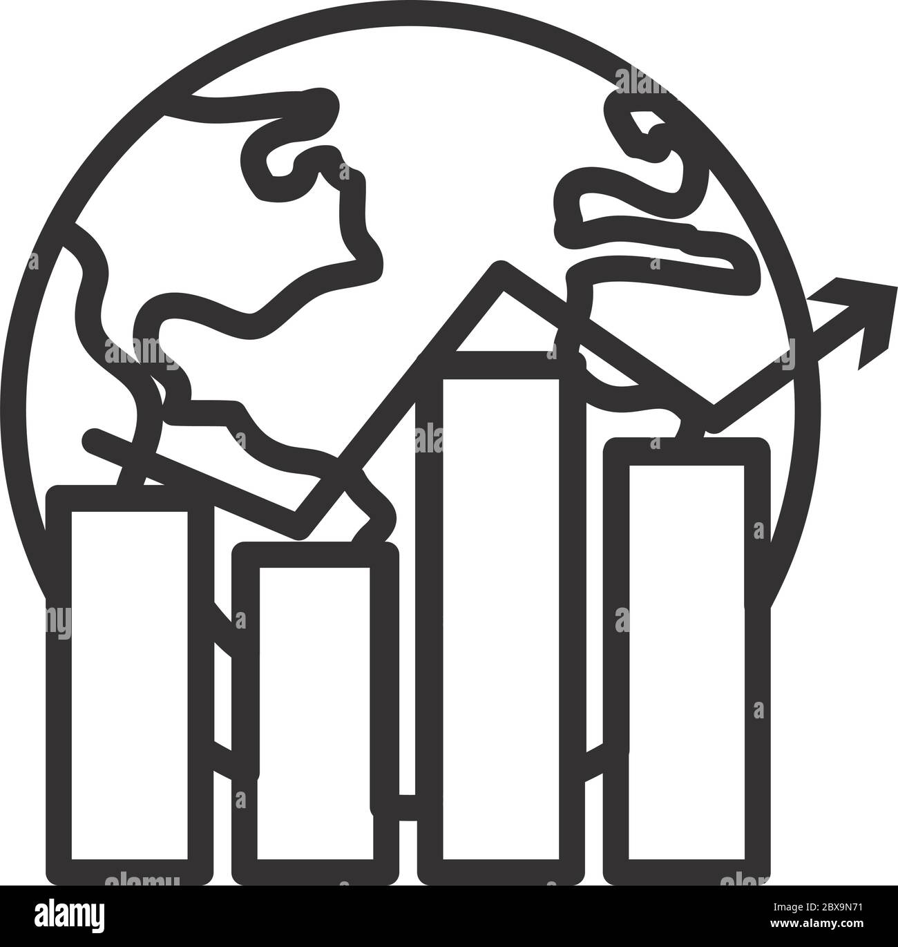 earth planet with graphic bar chart over white background, line style ...