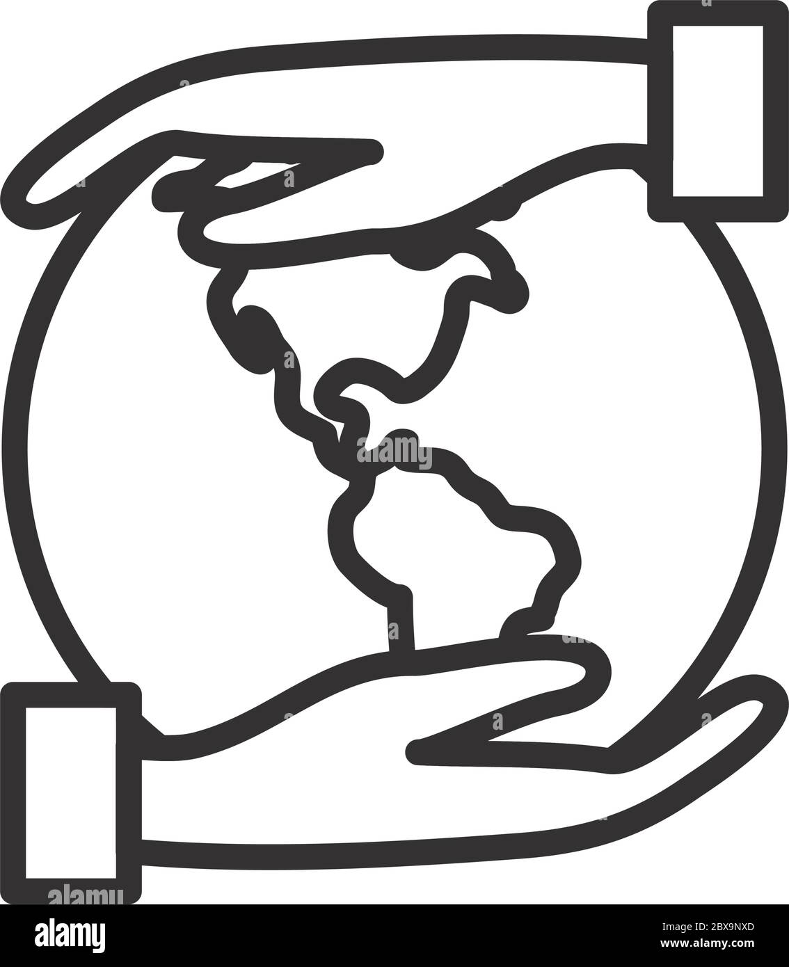 hands with earth planet icon over white background, line sytle, vector ...