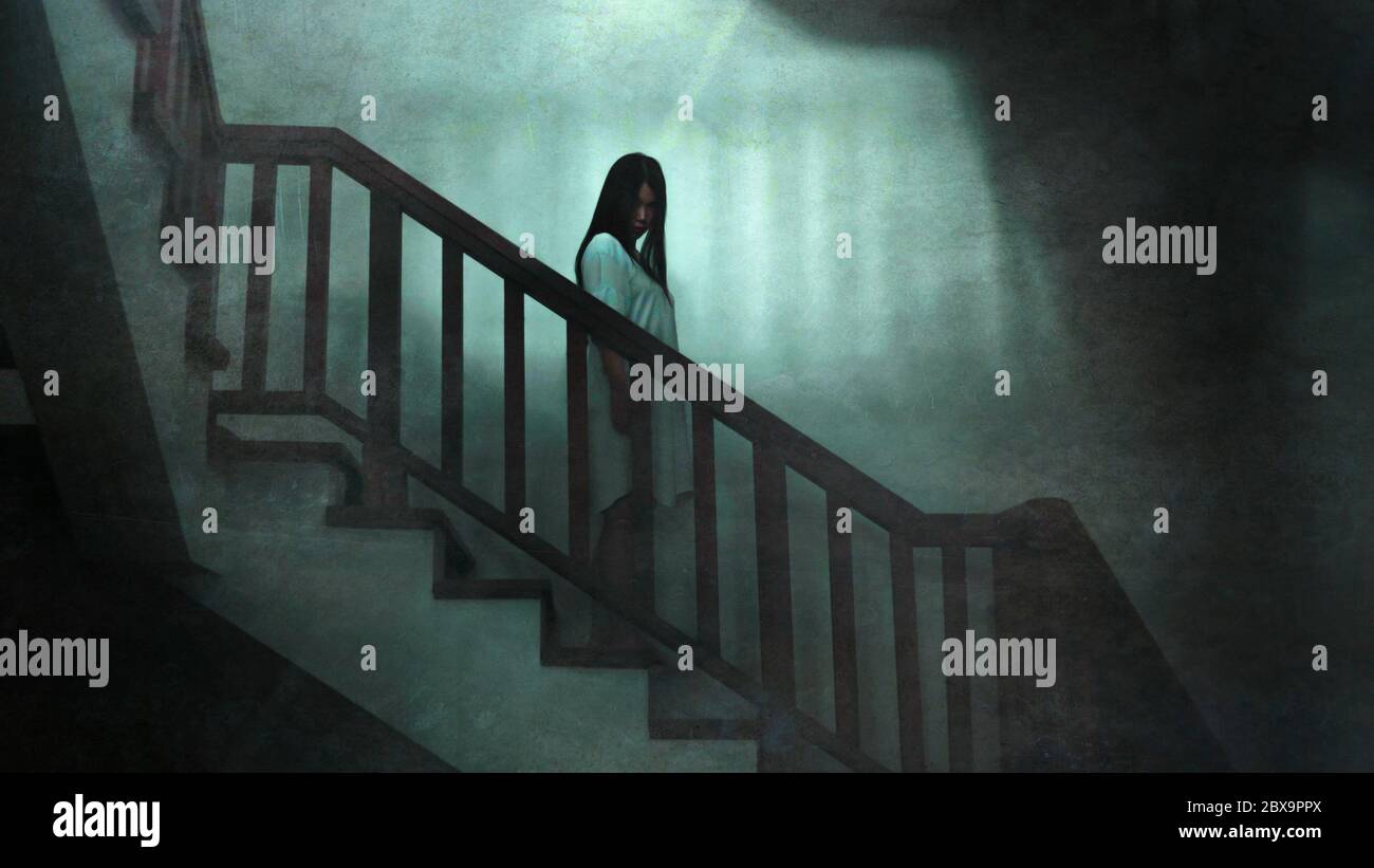 Japanese horror movie style portrait of young strange Asian girl at ...