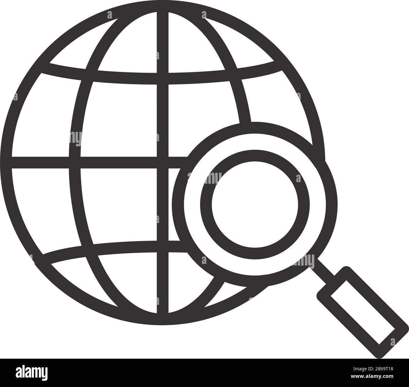 Global Connection Sphere With Magnifying Glass Over White Background Line Style Vector