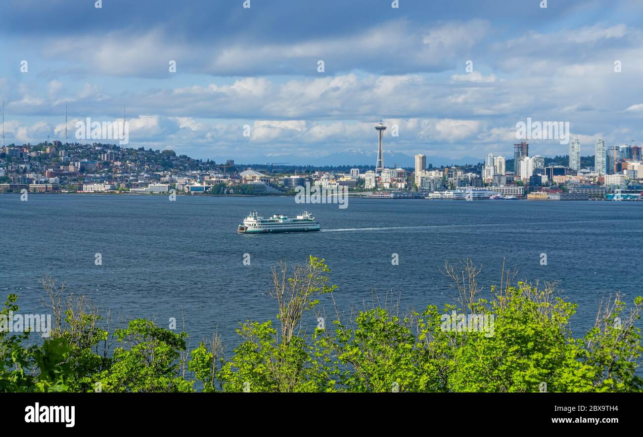 A view of a grassy hill an the Seattle skyline from West Seattle ...