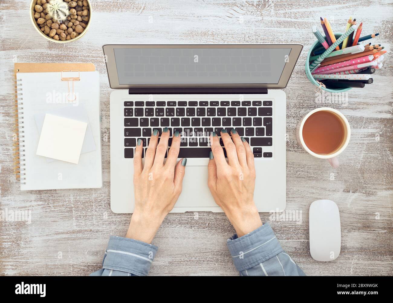 Work from home, online shopping, learning. Top view. Distance education ...