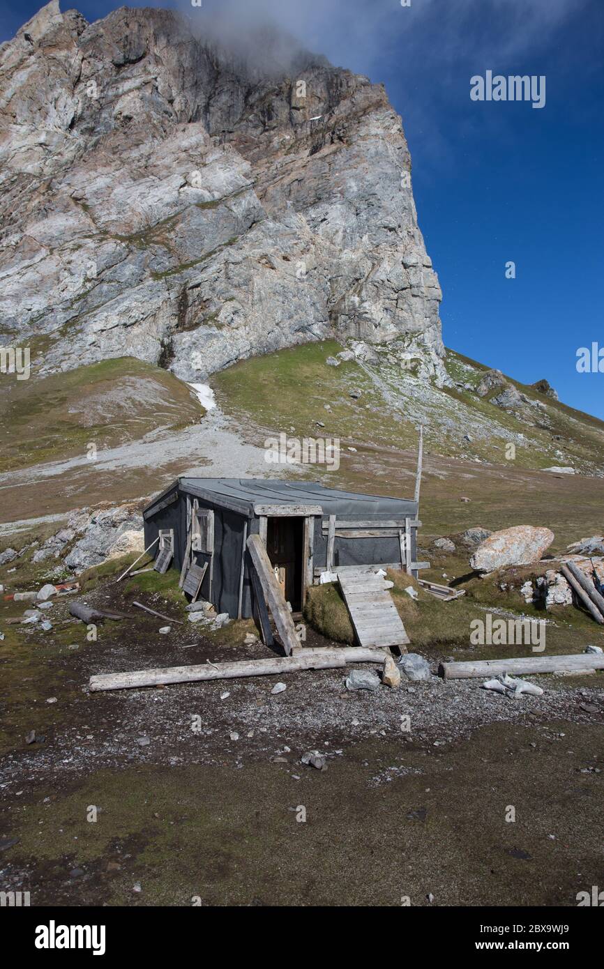 An old (1920s) wooden trappers hut at Hansbreen, Burgerbukta in the ...