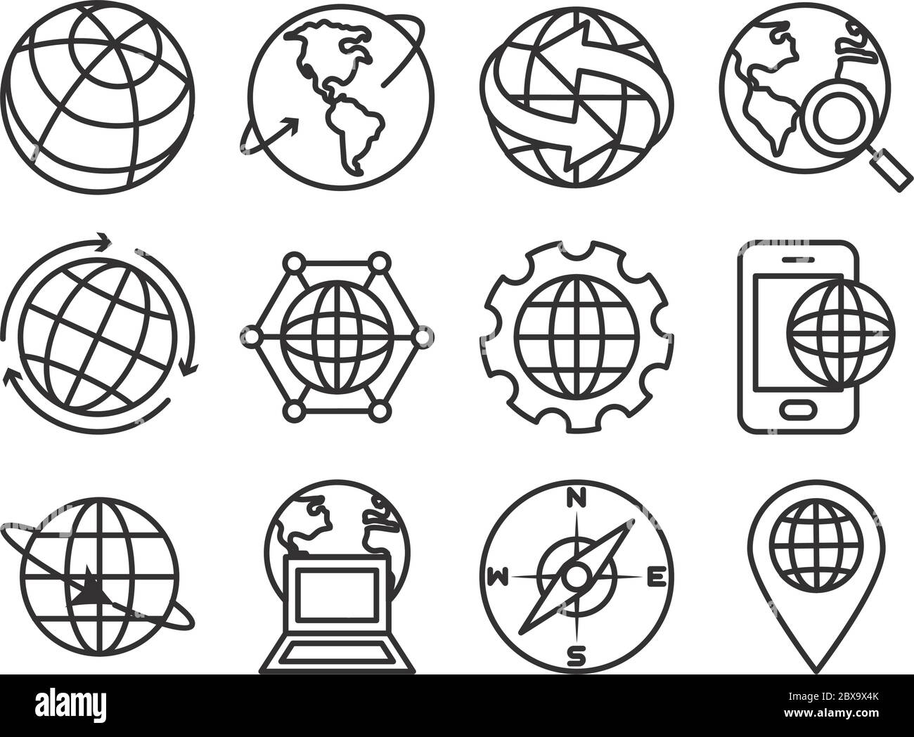 laptop computer and world icon set over white background, line sytle ...