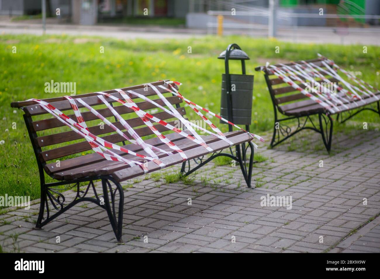 Park benches wrapped in connection with the coronavirus pandemic ...