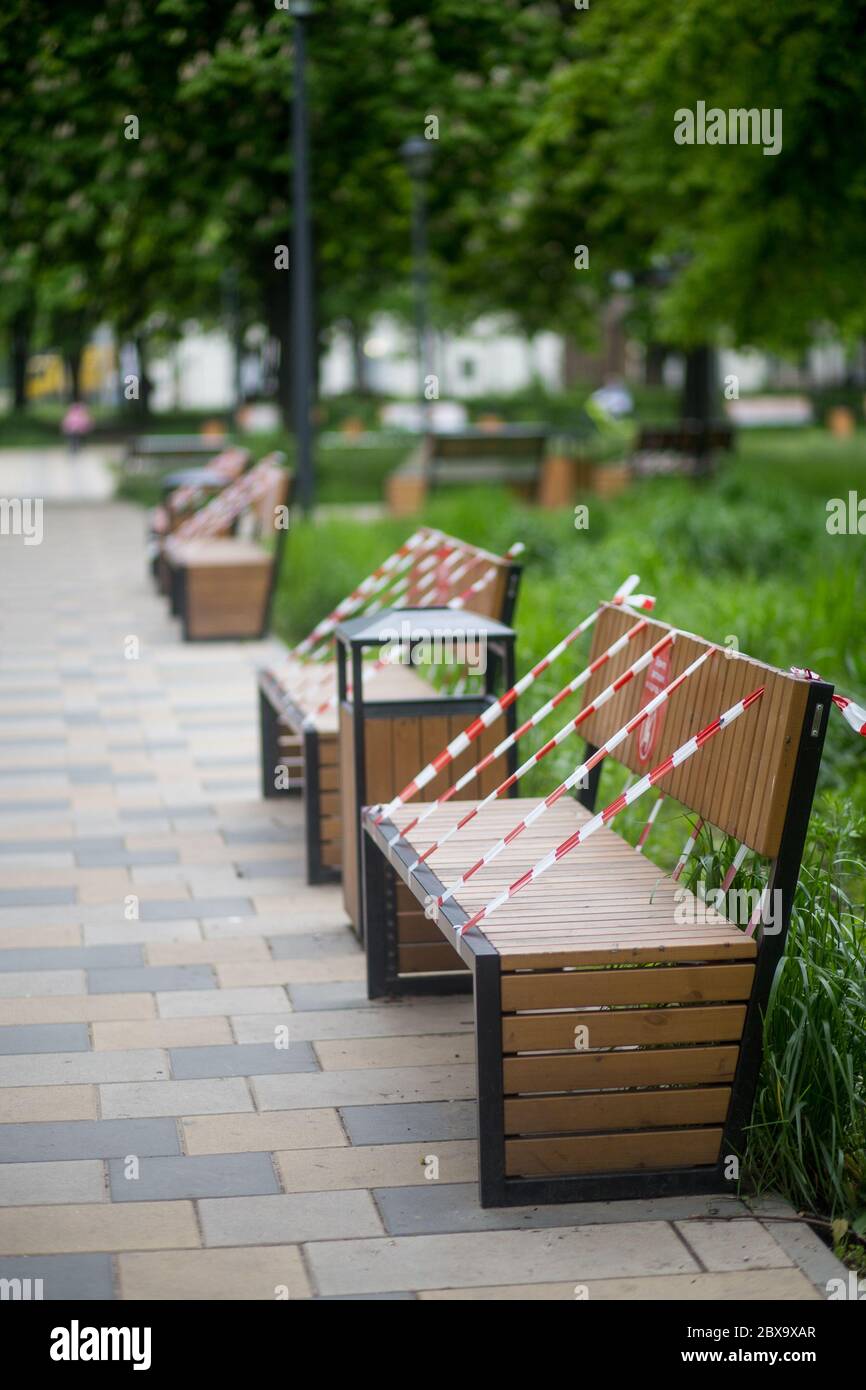 Park benches wrapped in connection with the coronavirus pandemic ...