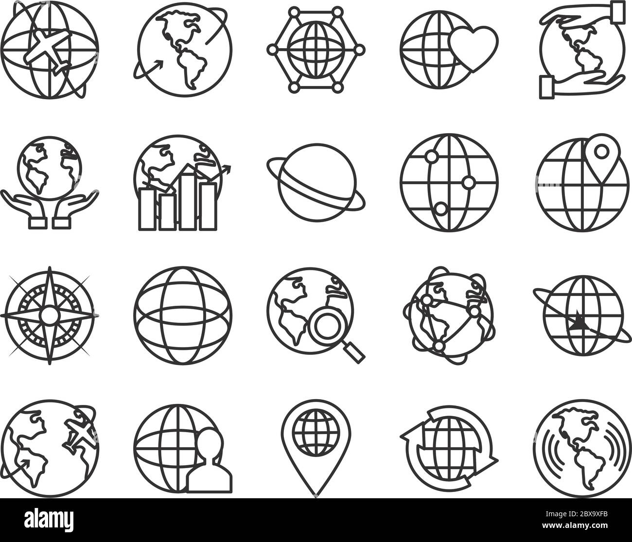 earth planet and global sphere icon set over white background, line ...