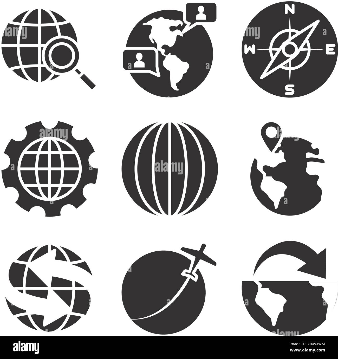 compass and global sphere icon set over white background, silhouette ...