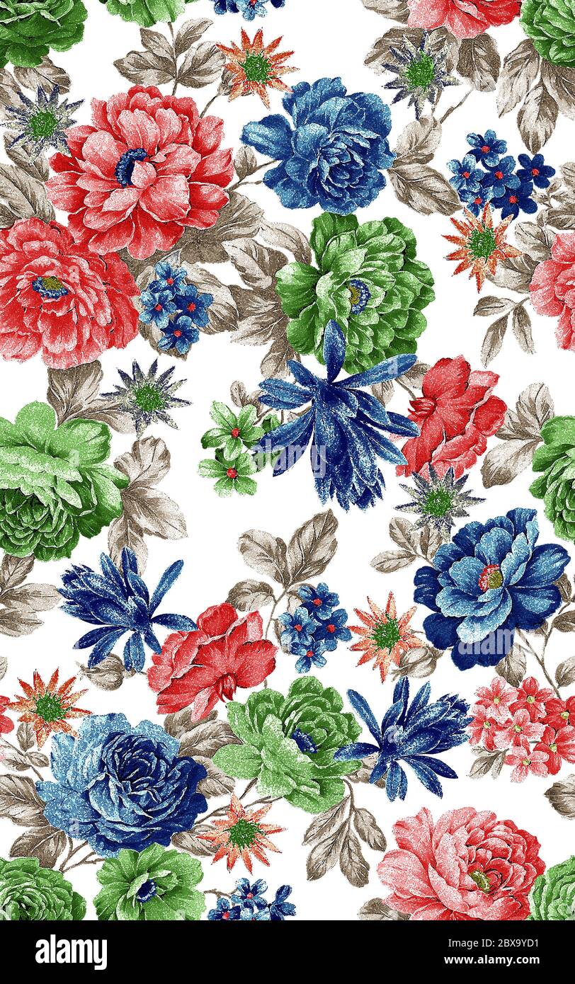 Seamless pattern with spring flowers and leaves. Hand drawn background ...