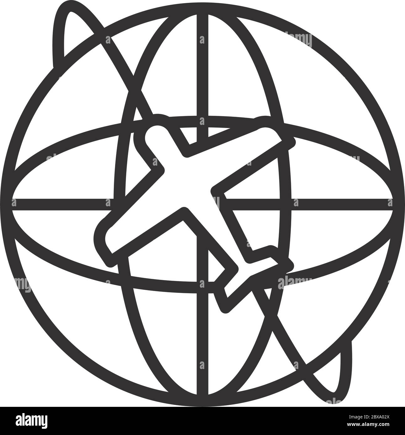 global sphere with airplane icon over white background, line sytle ...