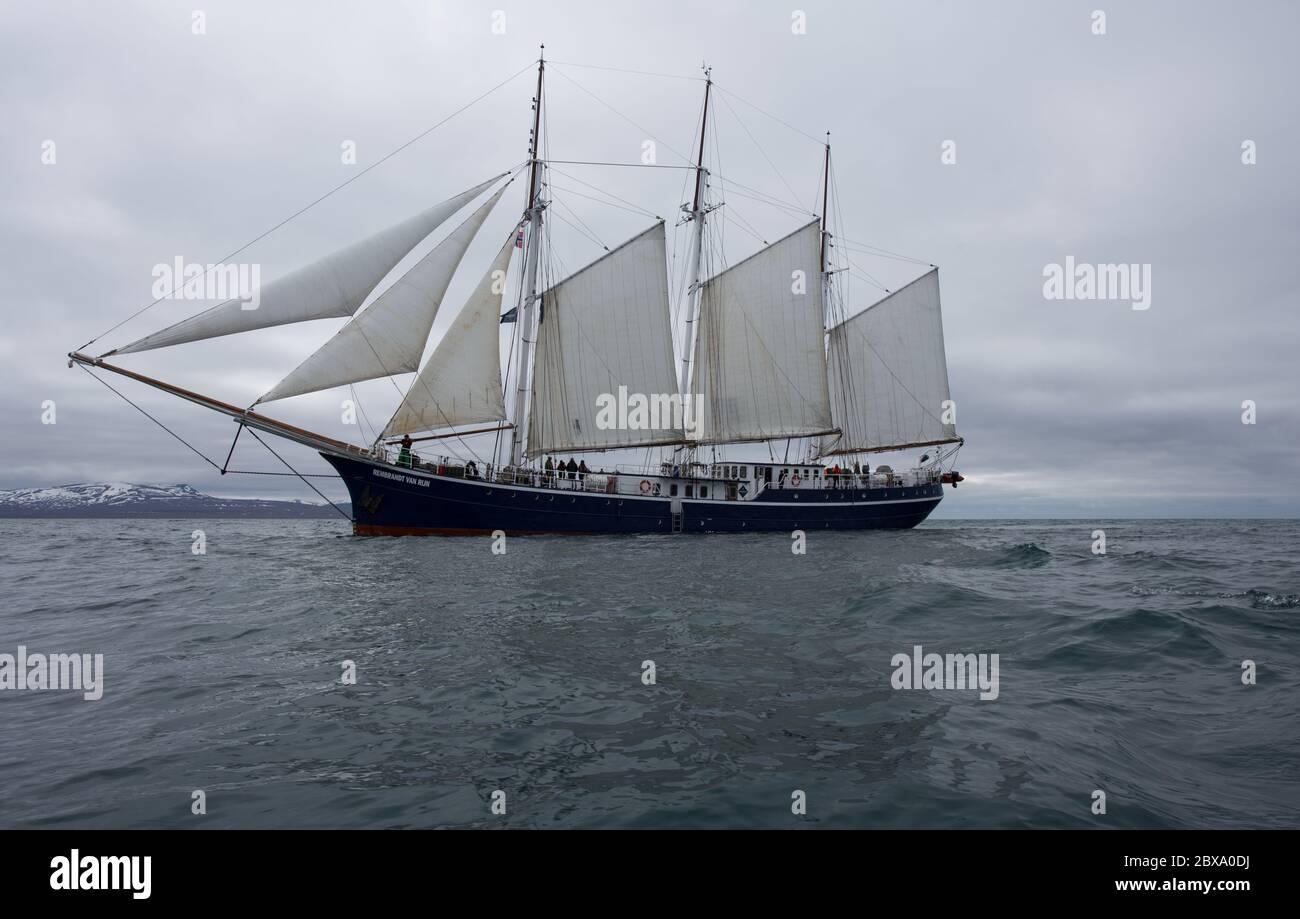The sailing vessel SV Rembrandt van Rijn under sail off the coast of ...