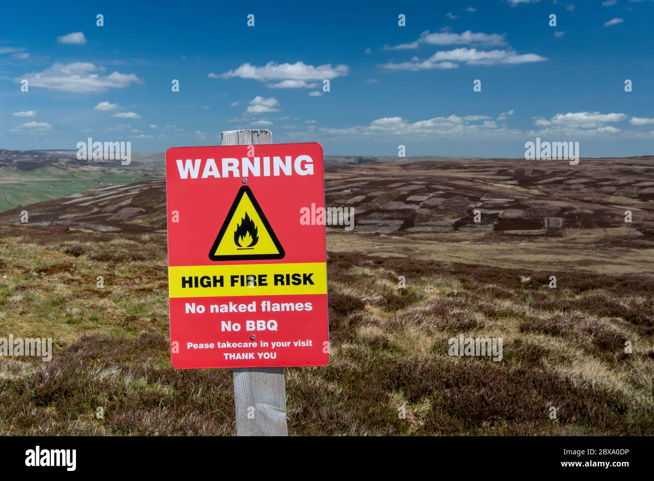 Fire Risk signs up on a moor after a dry spring. Yorkshire Dales, UK ...
