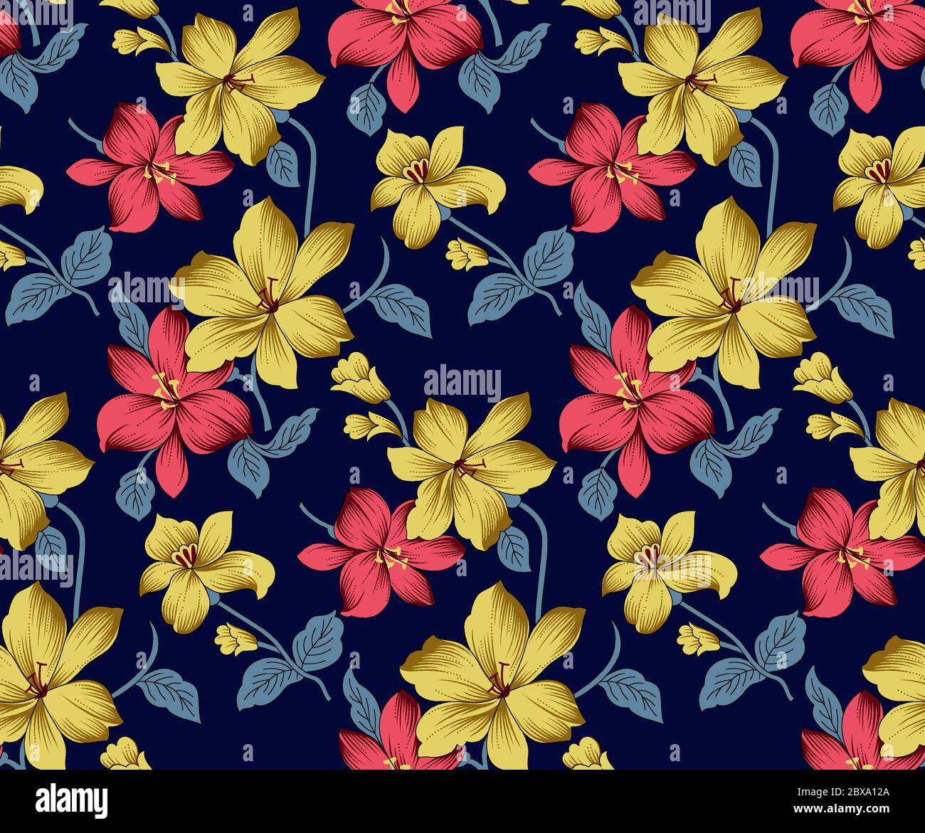 Seamless pattern with spring flowers and leaves. Hand drawn background ...