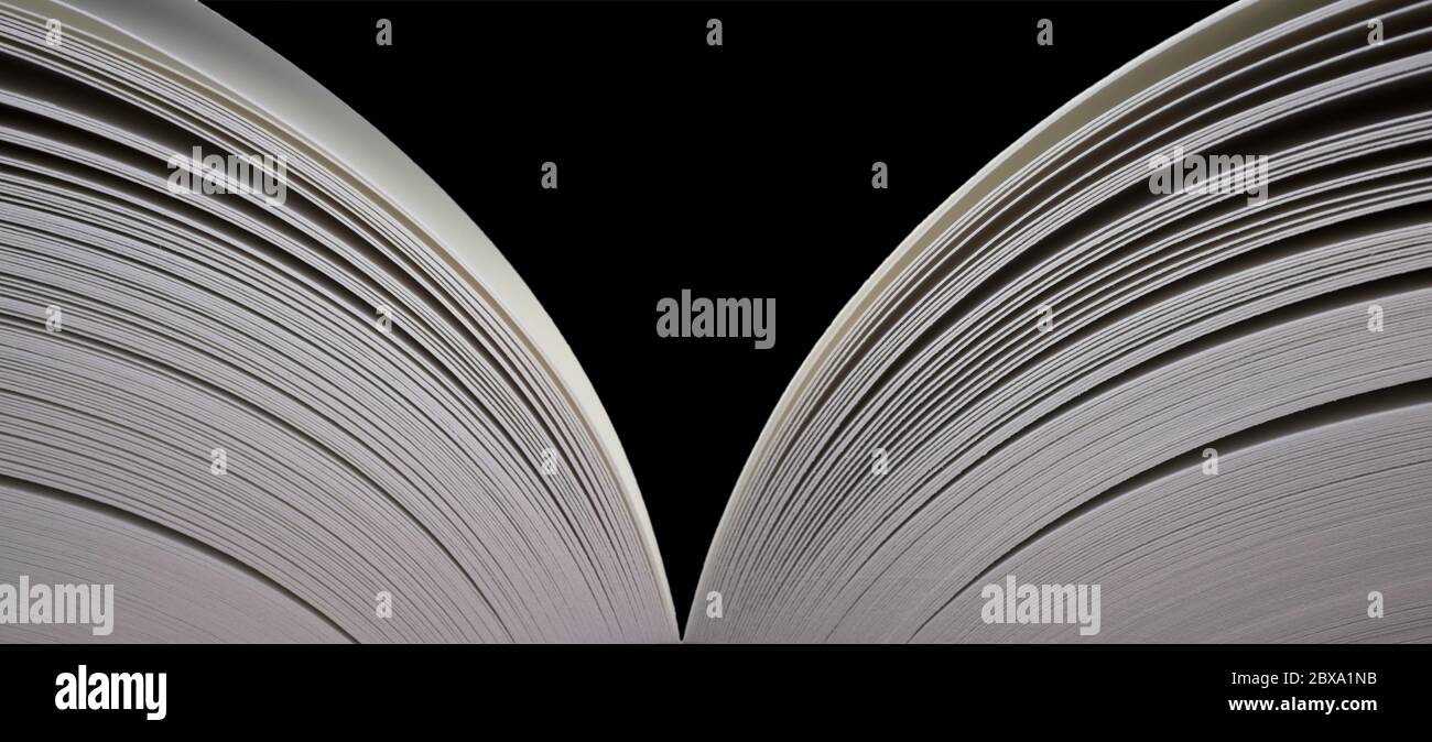 Open book with open pages on both sides. Wide image, isolated on black ...