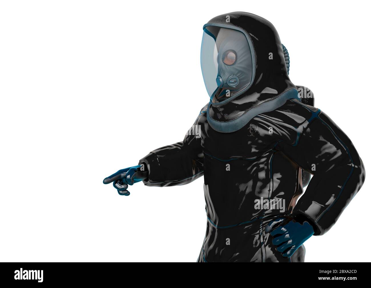 bio hazard man go over there in a white background side view. This ...