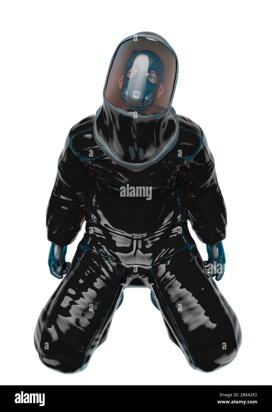 bio hazard man on his knees in a white background. This biohazard in ...