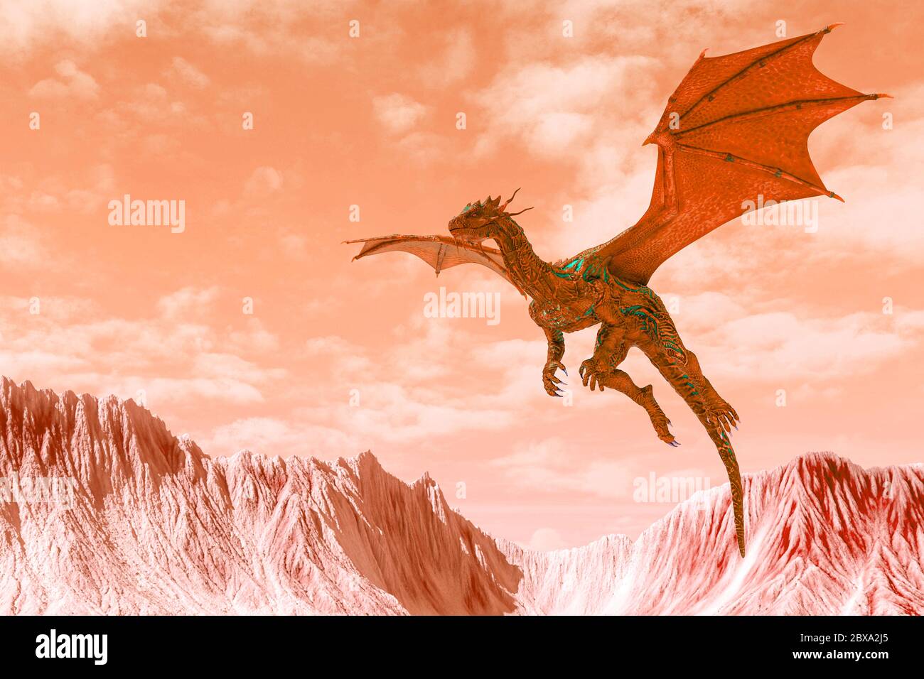 red hell dragon floating and landing on hot land, 3d illustration Stock ...