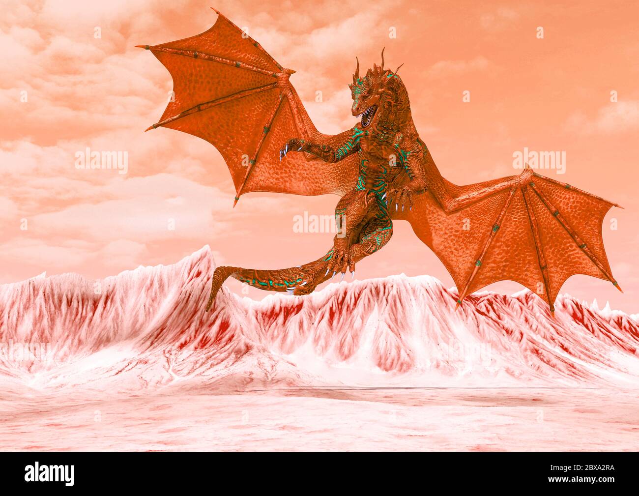 red hell dragon floating near the ground on hot land, 3d illustration ...