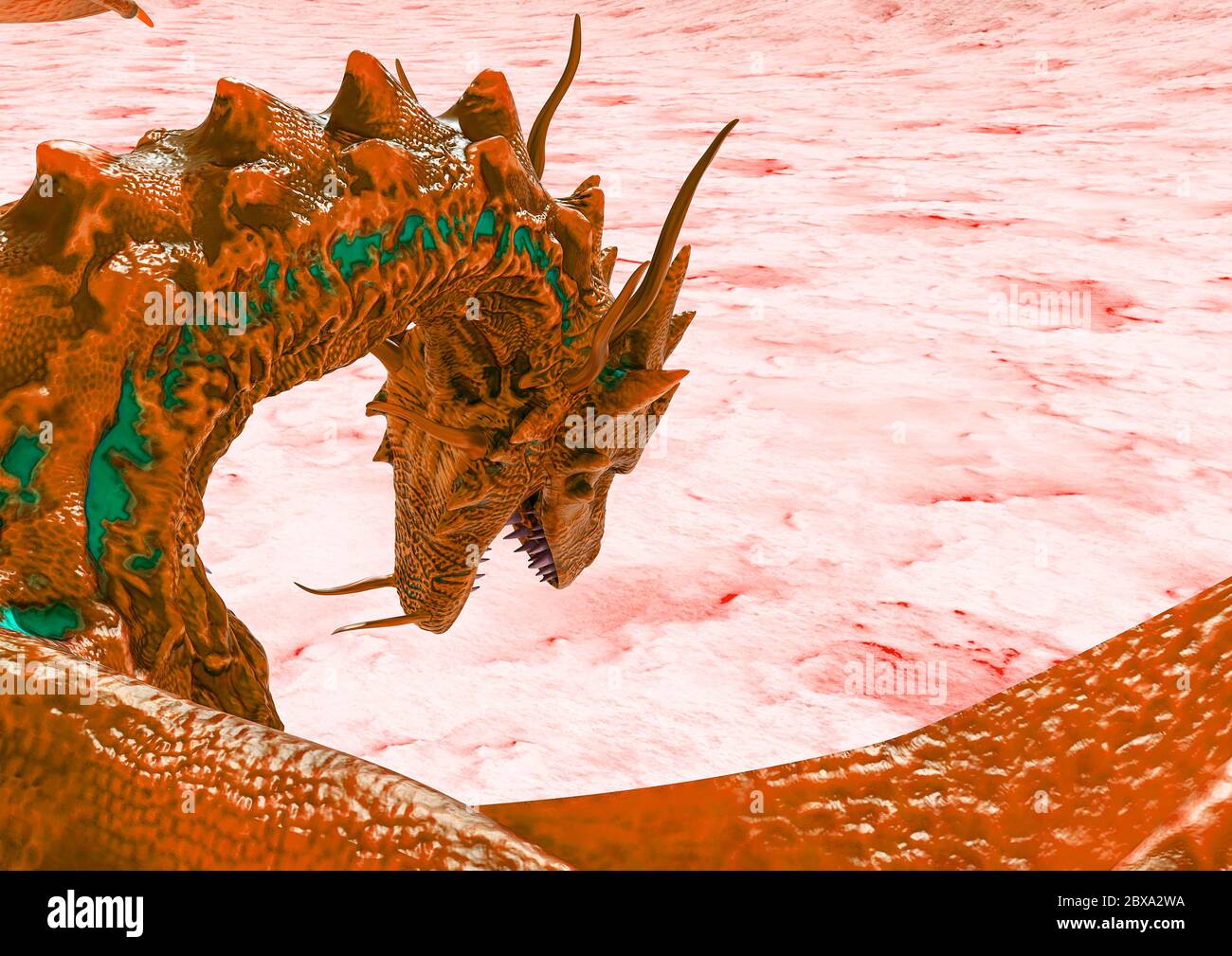 red hell dragon floating on hot land rear view, 3d illustration Stock ...