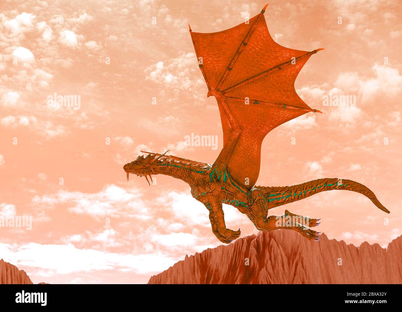 red hell dragon passing by on hot land side view, 3d illustration Stock ...