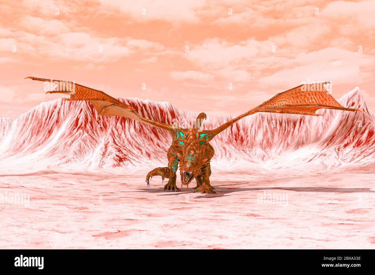 red hell dragon walking on hot land, 3d illustration Stock Photo - Alamy