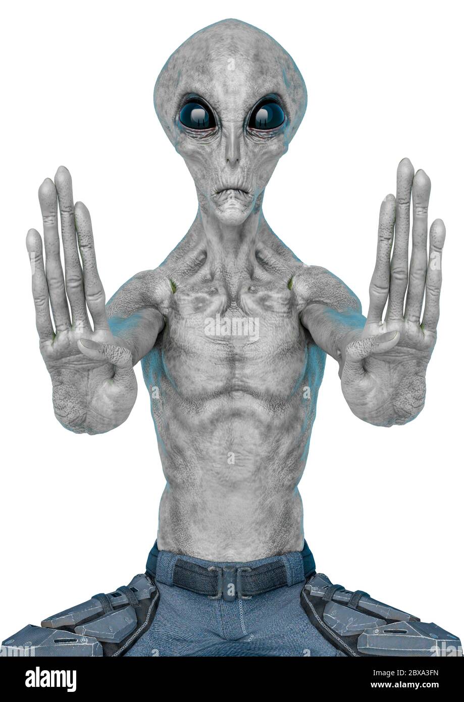grey alien on military ready to win in white background, 3d ...
