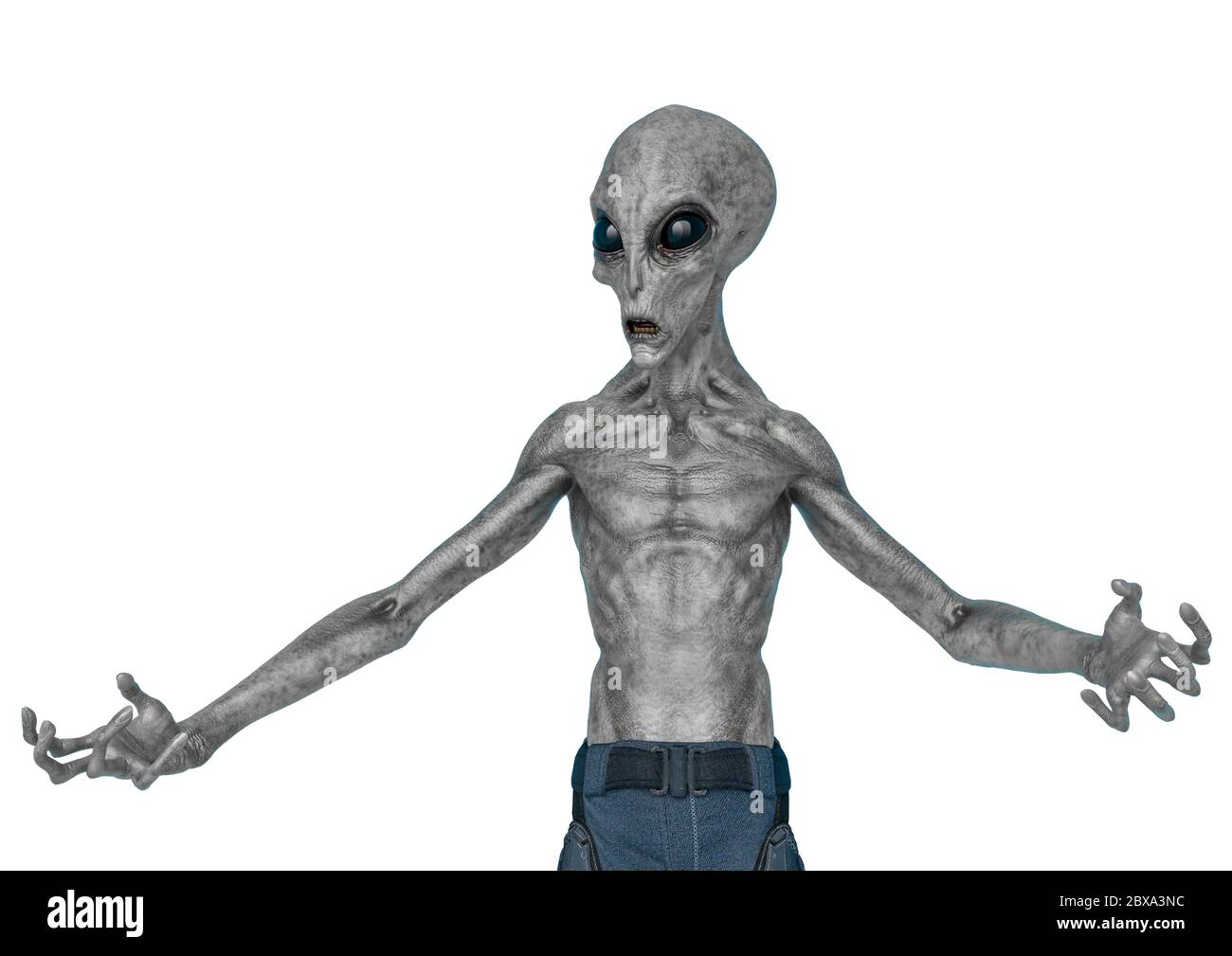 grey alien on military ready to win in white background., 3d ...