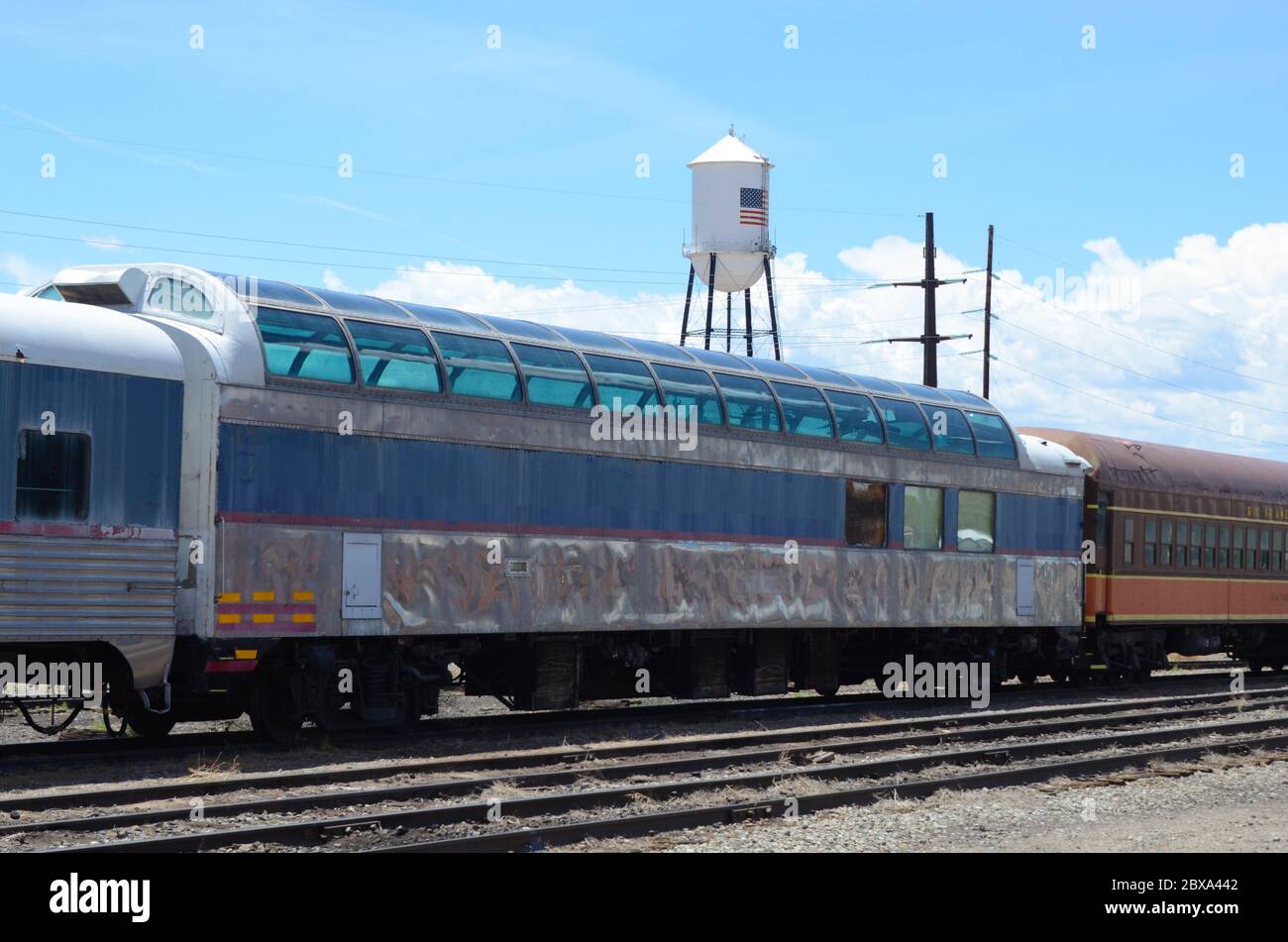 Old train cars, and locomotives parked on the tracks in Alamosa ...