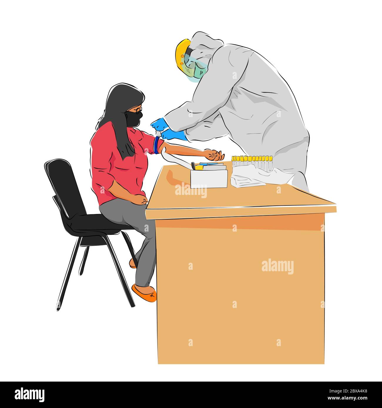 Hand Draw Sketch, Standing Doctor or Nurse Use Hazmat and Face Shield ...