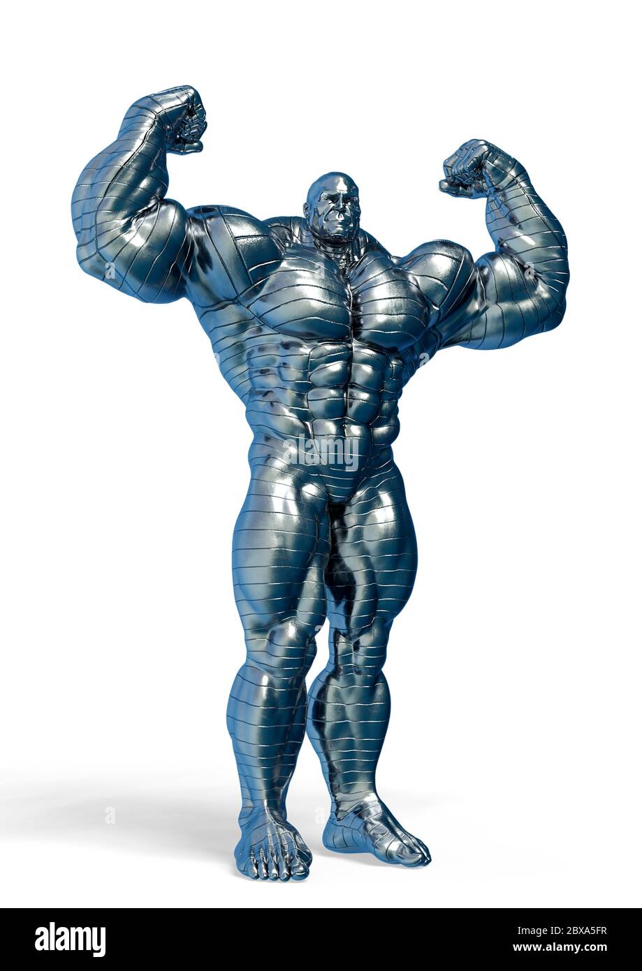 man made of steel doing a bodybuilder pose number five in a white ...