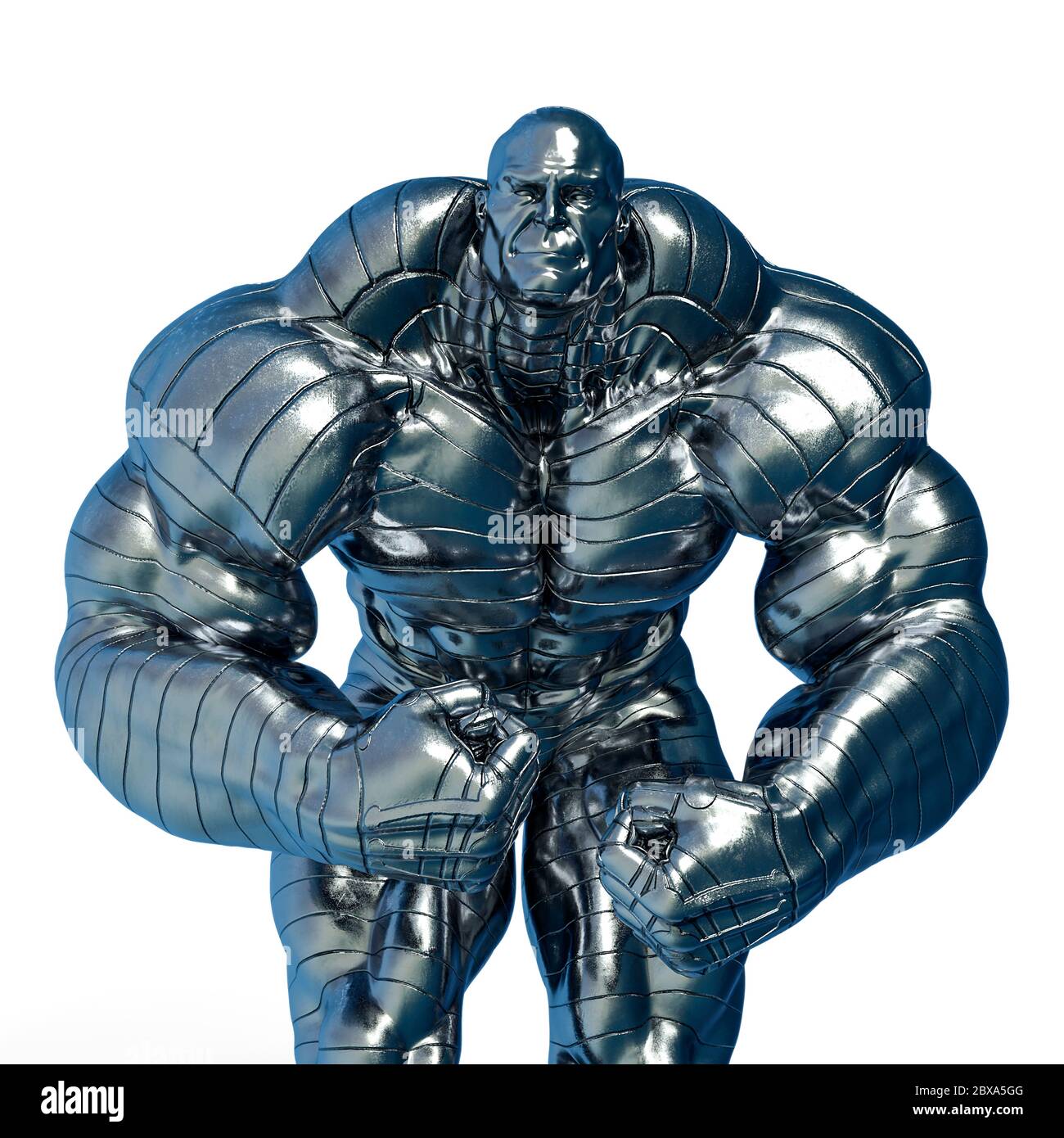 man made of steel doing a bodybuilder pose number four in a white ...