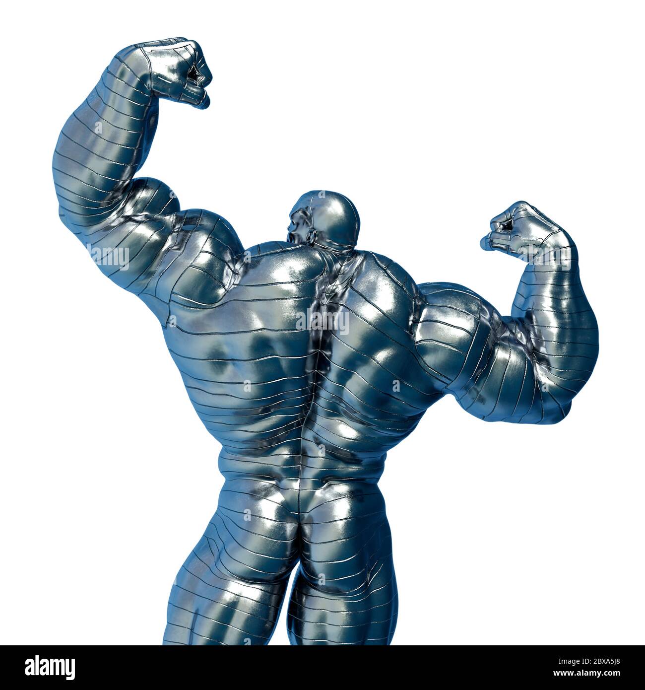 man made of steel doing a bodybuilder pose rear ou back view in a white ...
