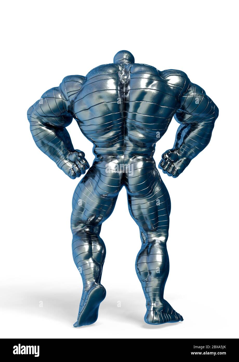 man made of steel doing a bodybuilder pose rear ou back view in a white ...