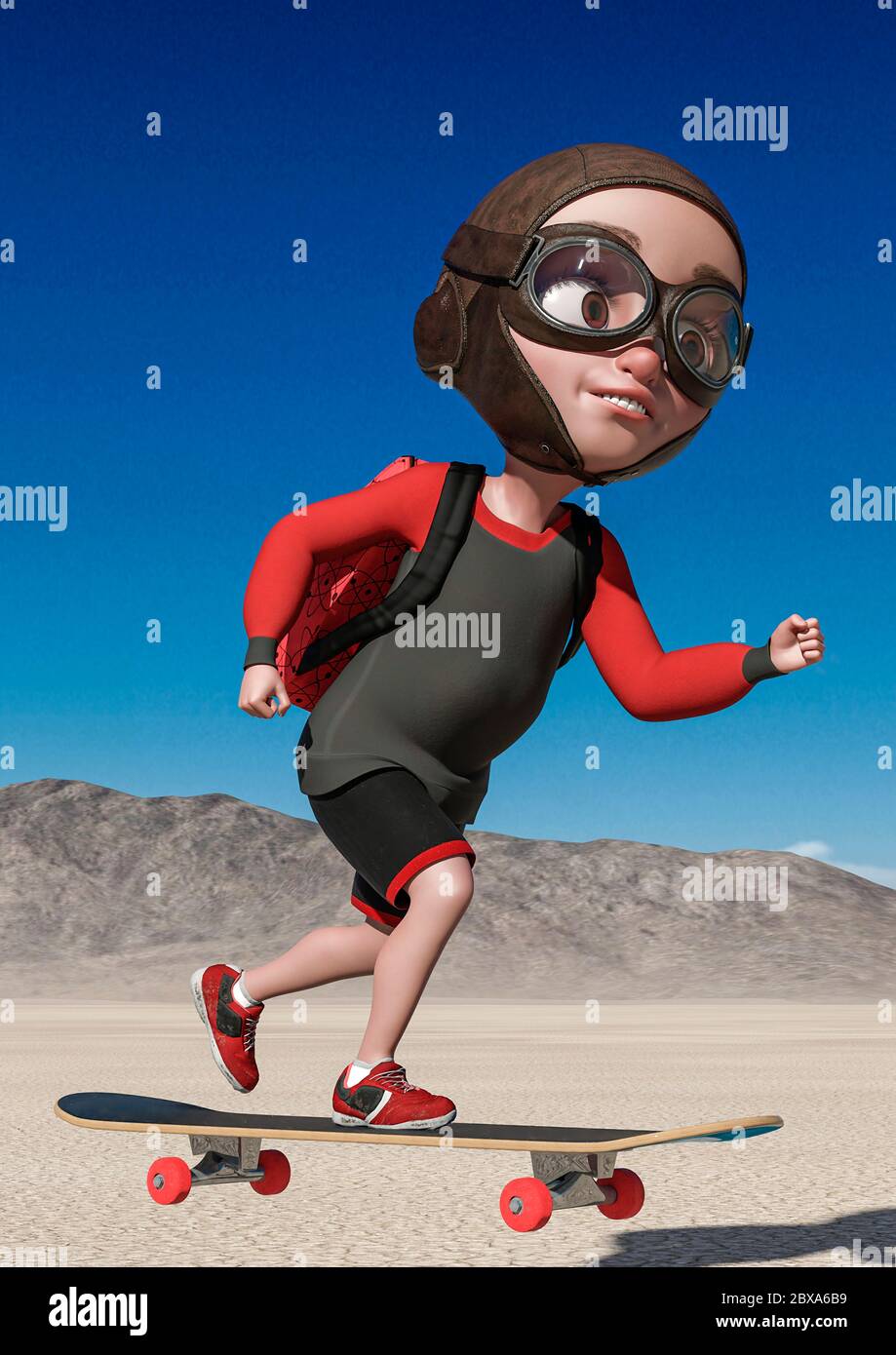 little boy cartoon going fast on skate, 3d illustration Stock Photo - Alamy