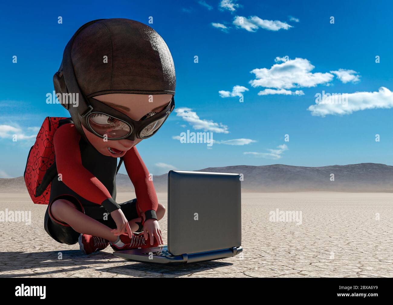 little boy cartoon digging on laptop, 3d illustration Stock Photo - Alamy