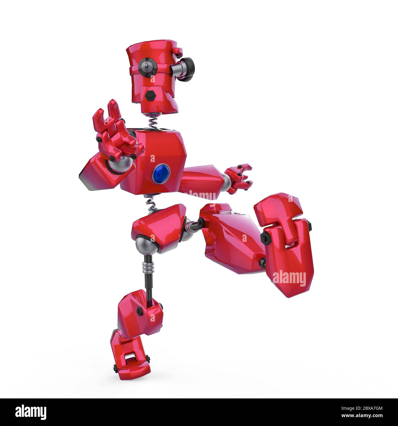 funny robot cartoon kicking the air in a white background., 3d ...