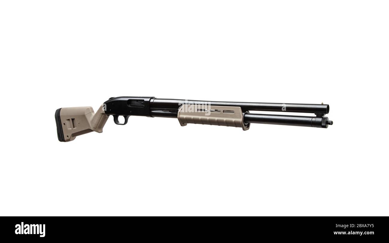 Modern pump-action shotgun with a plastic butt and fore-end isolate on ...