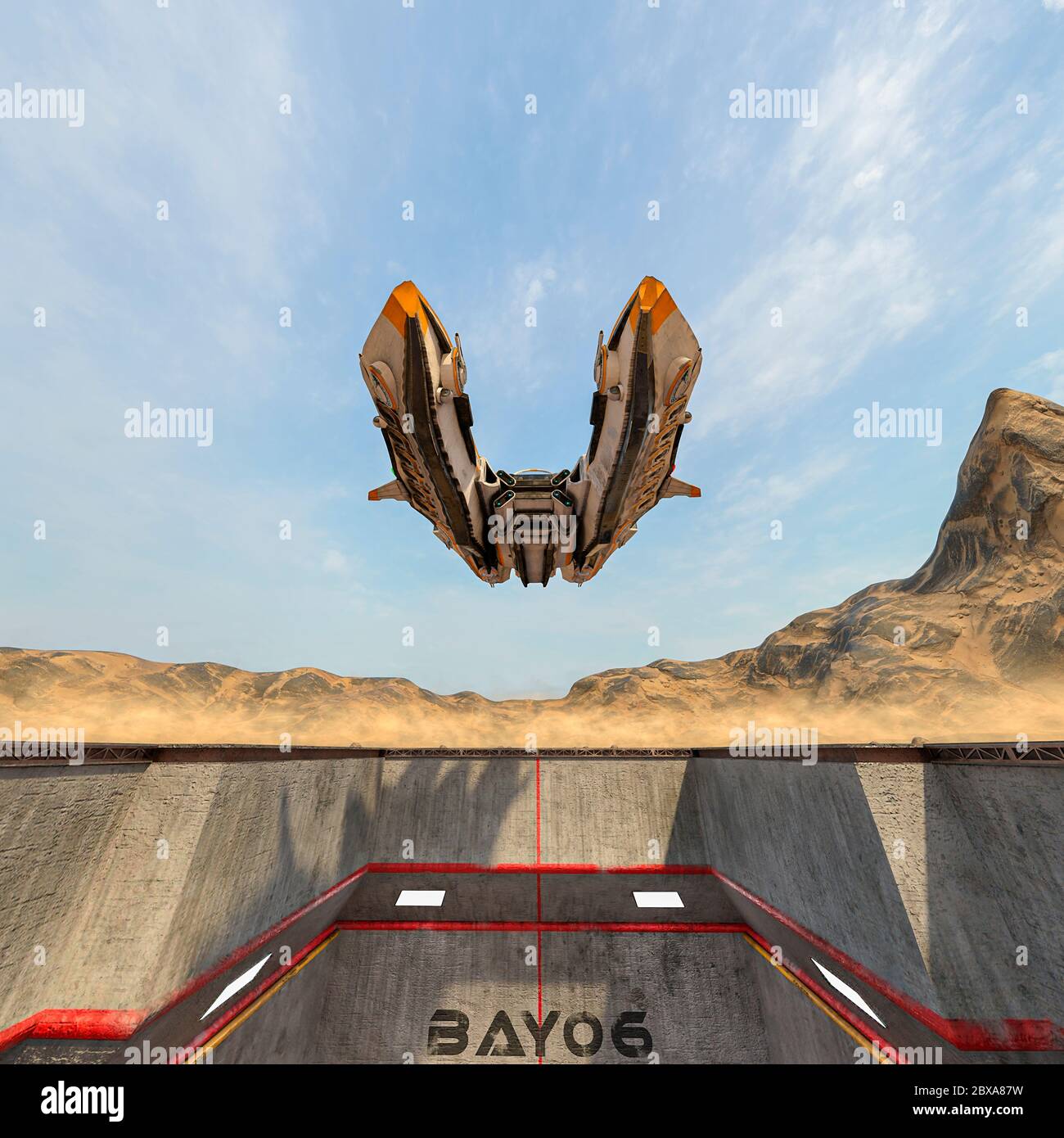 space ship side view on desert, 3d illustration Stock Photo - Alamy