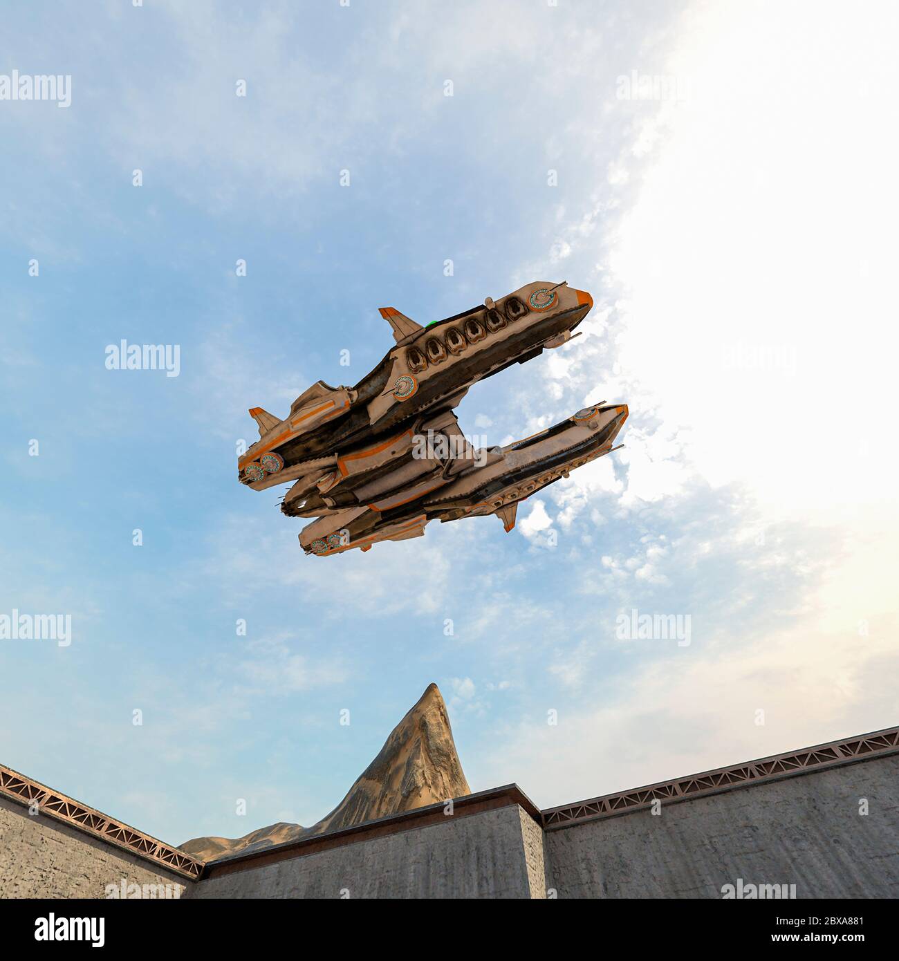 space ship side view on desert, 3d illustration Stock Photo - Alamy