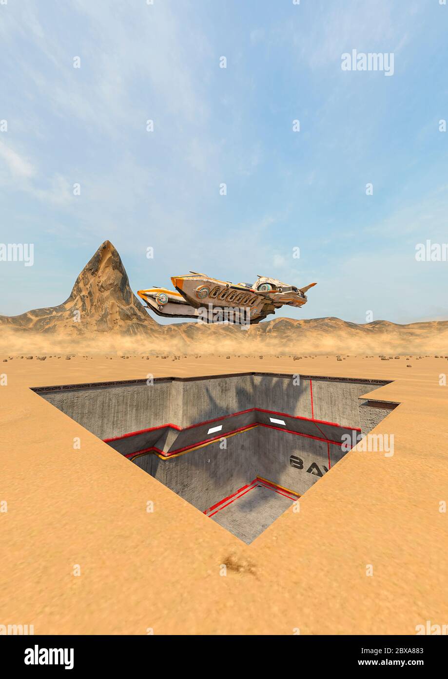 space ship side view on desert, 3d illustration Stock Photo - Alamy