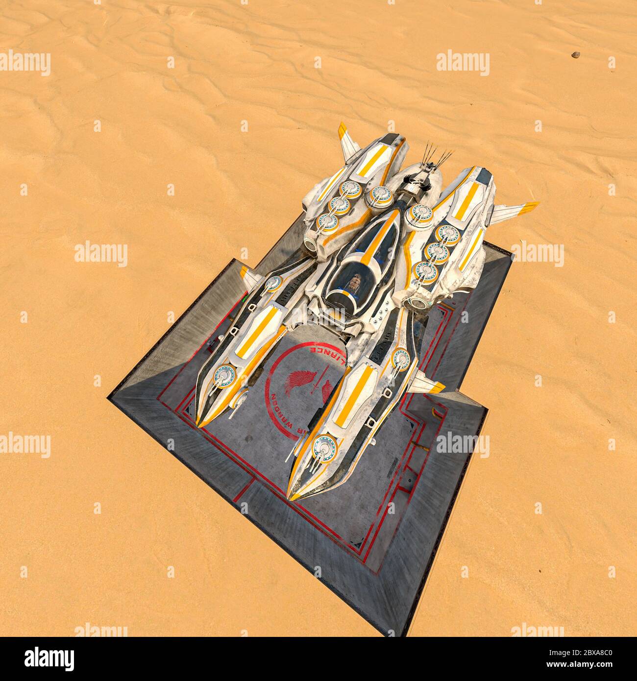 space ship side view on desert, 3d illustration Stock Photo - Alamy
