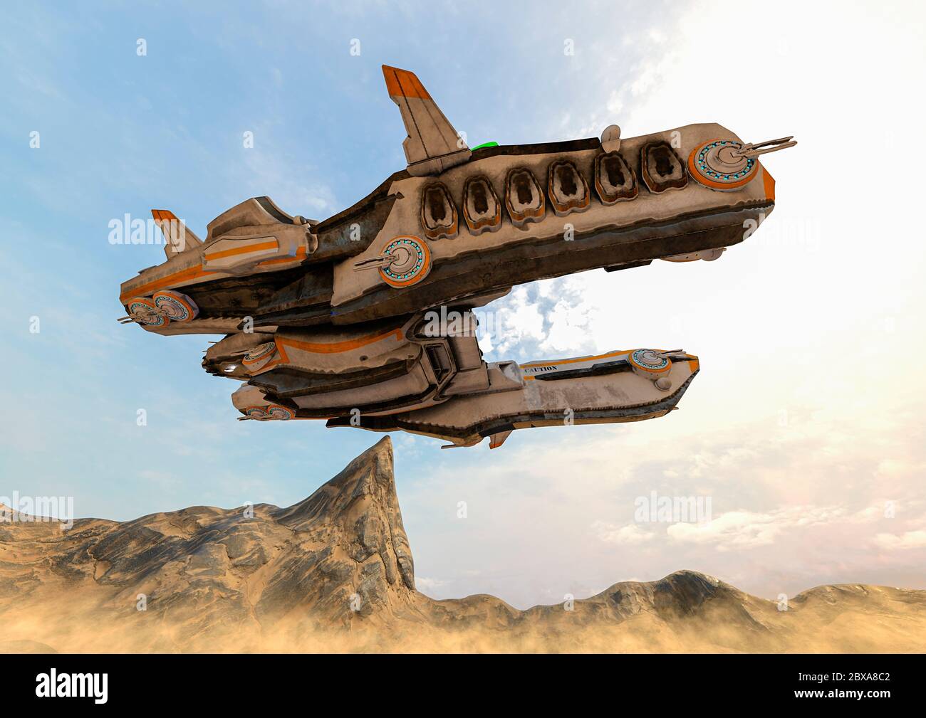 space ship side view on desert, 3d illustration Stock Photo - Alamy